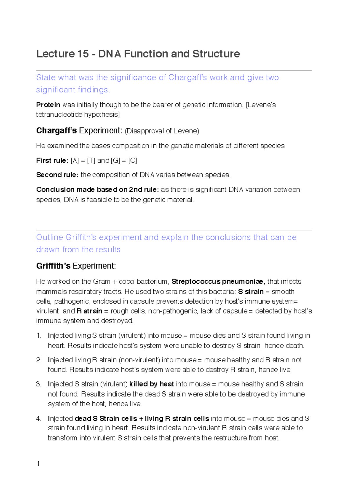 Molecular Biology Notes - Lecture 15 - DNA Function and Structure State ...