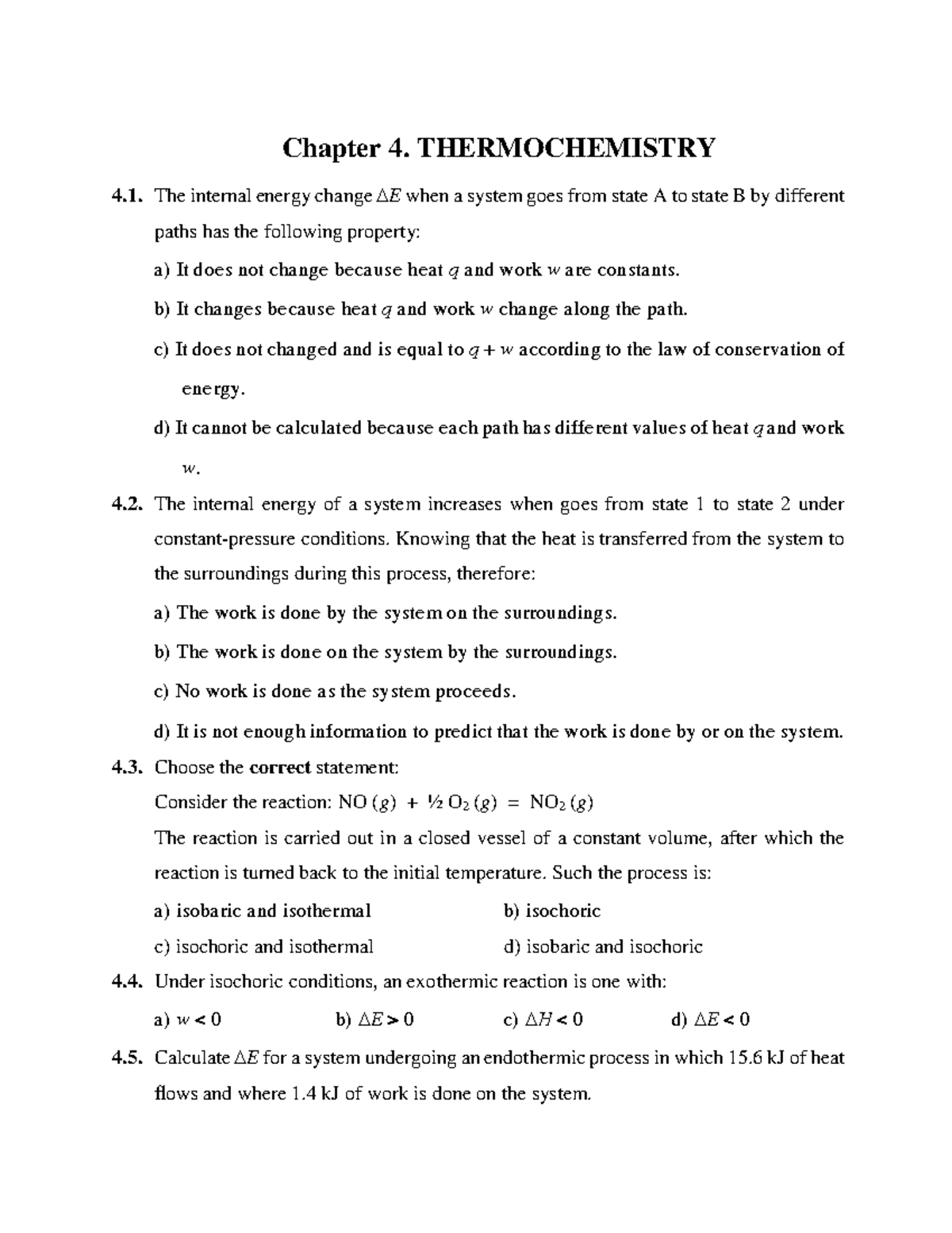 Chapter 4 Thermochemistry and Thermodynamic Exercises - Chapter 4 ...