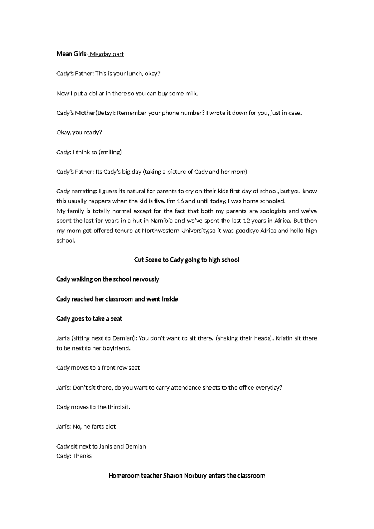 Mean-Girls-script - Mean Girls- Magday part Cady’s Father: This is your ...