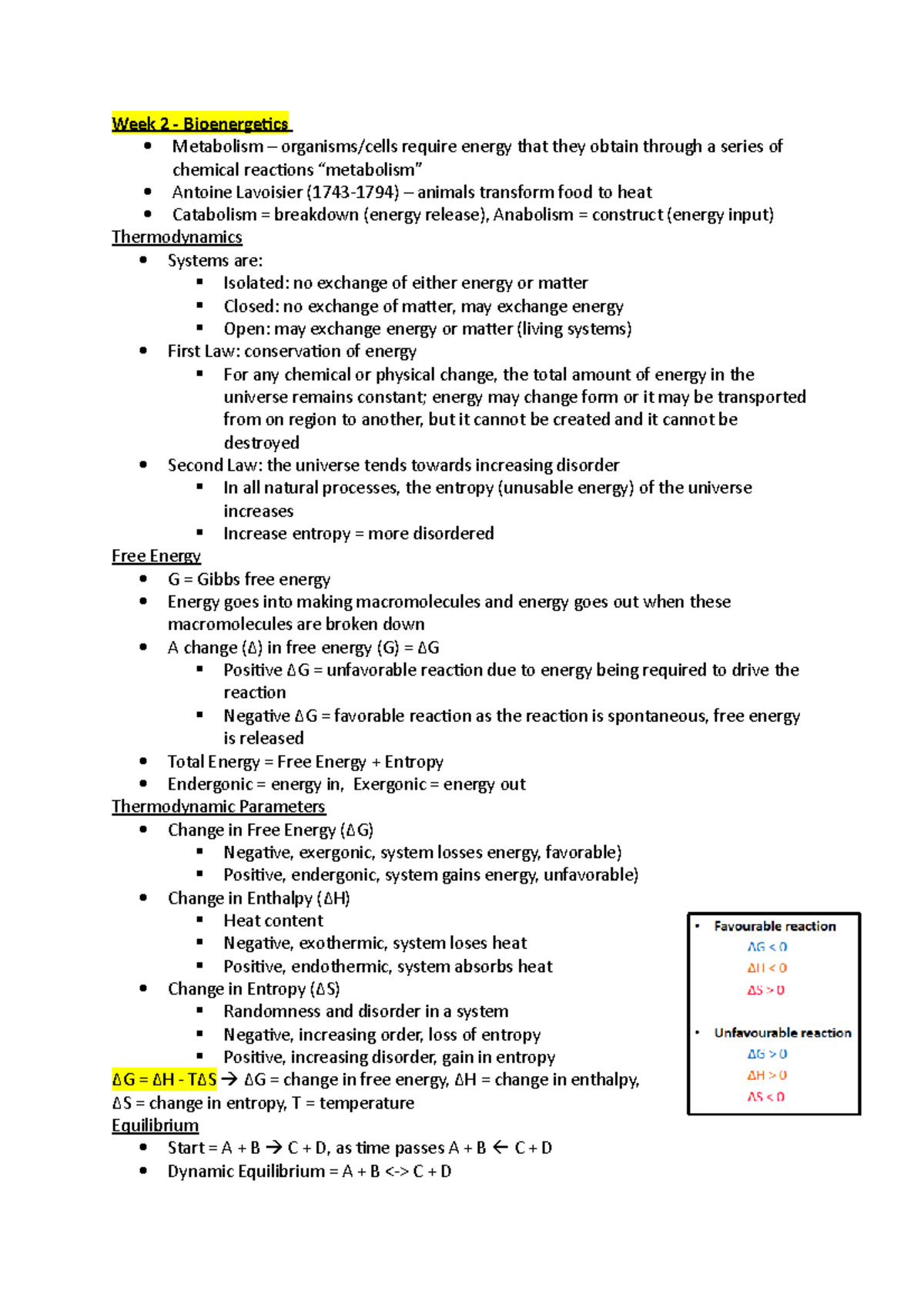 Week 2 -Bioenergetics Notes - Week 2 Bioenergetics Metabolism require ...