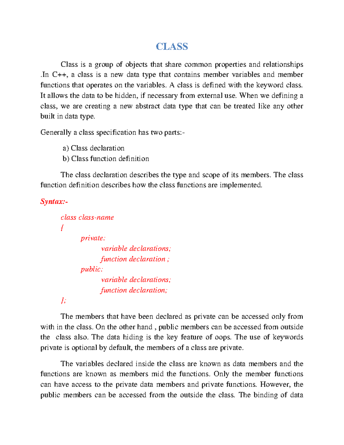 Classes And Objects It s A Lecture Note CLASS Class Is A Group Of