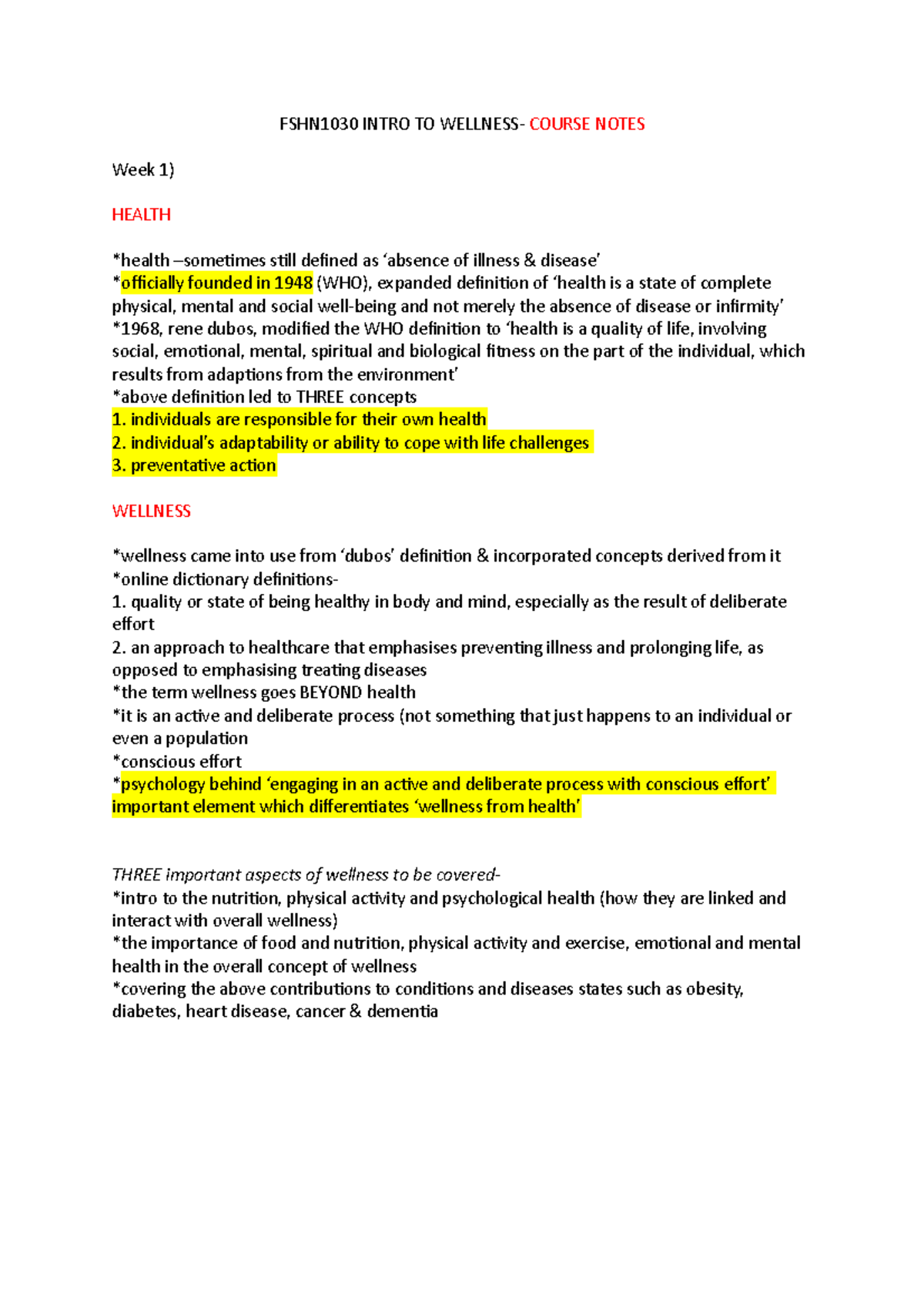 FSHN1030 Intro TO Wellness Notes - FSHN1030 INTRO TO WELLNESS- COURSE ...