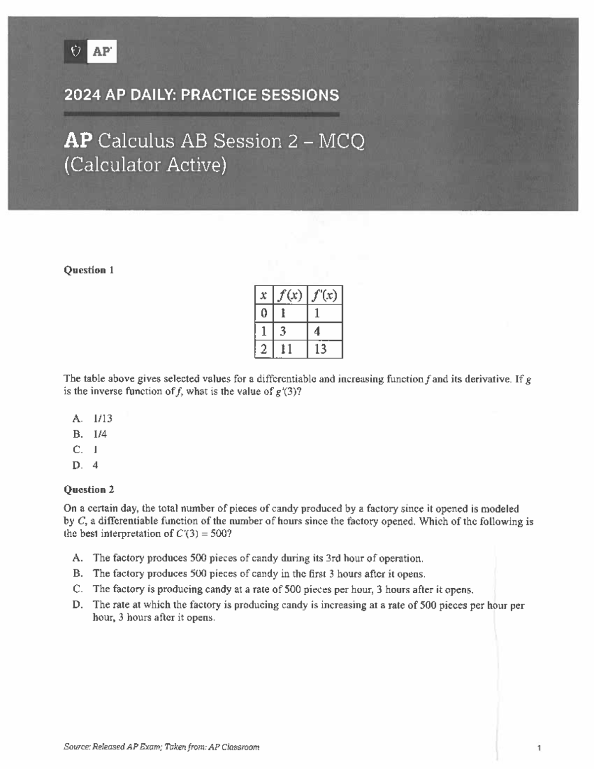 AP Daily MC questions - Helpful math practice for AB - AP 2024 AP DAILY ...