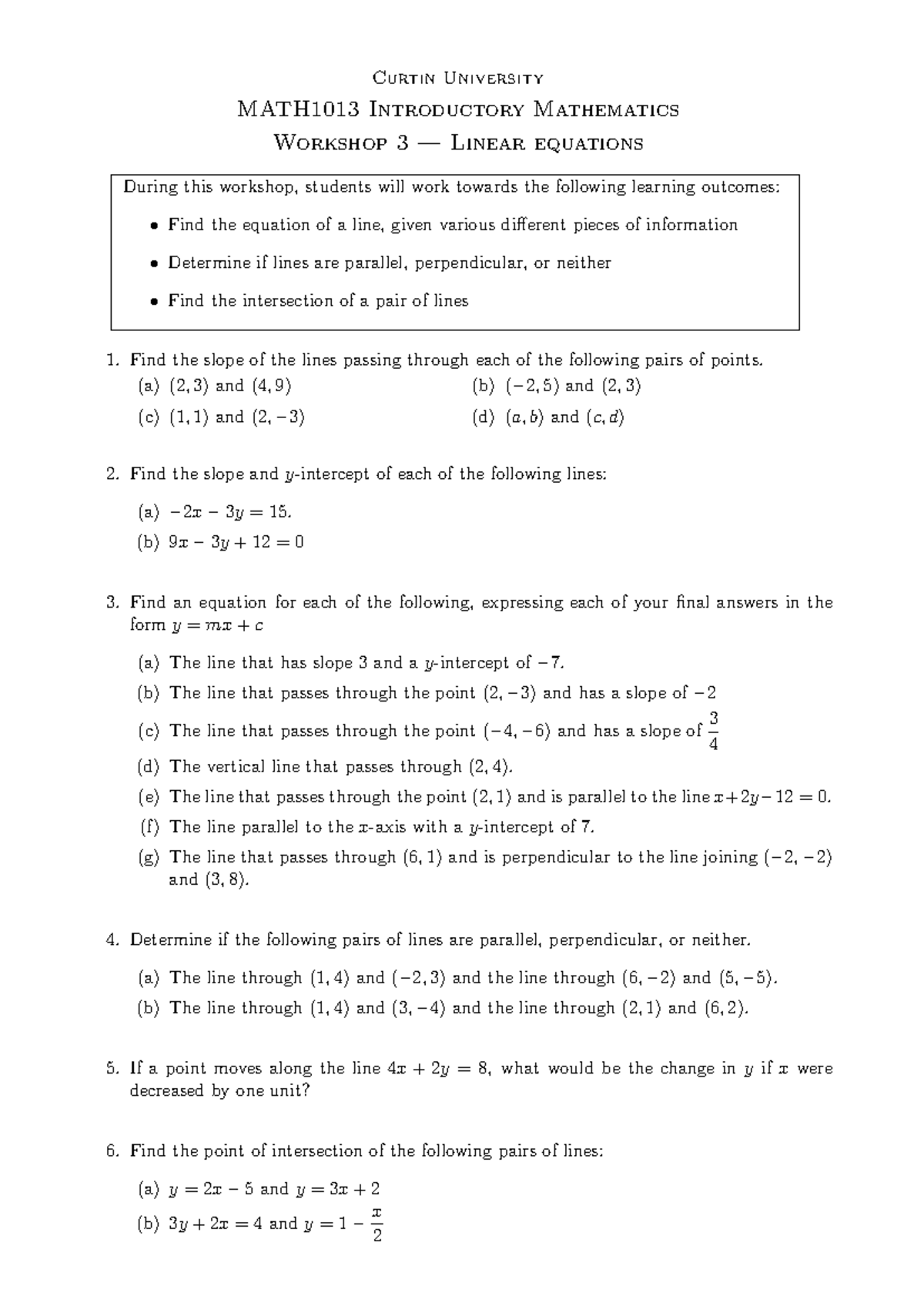 MATH1013 Workshop 3 Linear Equations qns - Curtin University MATH1013 ...