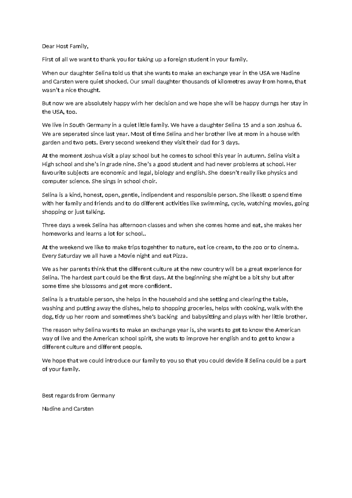 Brief Gastfamile USA - sommer - Dear Host Family, First of all we want ...