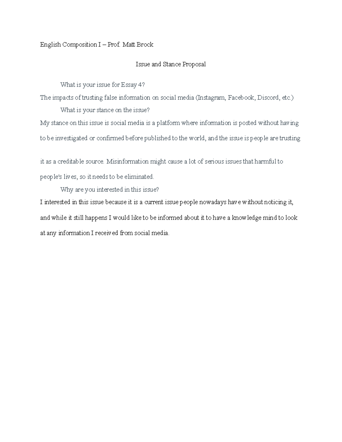 Issue and Stance Proposal - English Composition I – Prof. Matt Brock ...