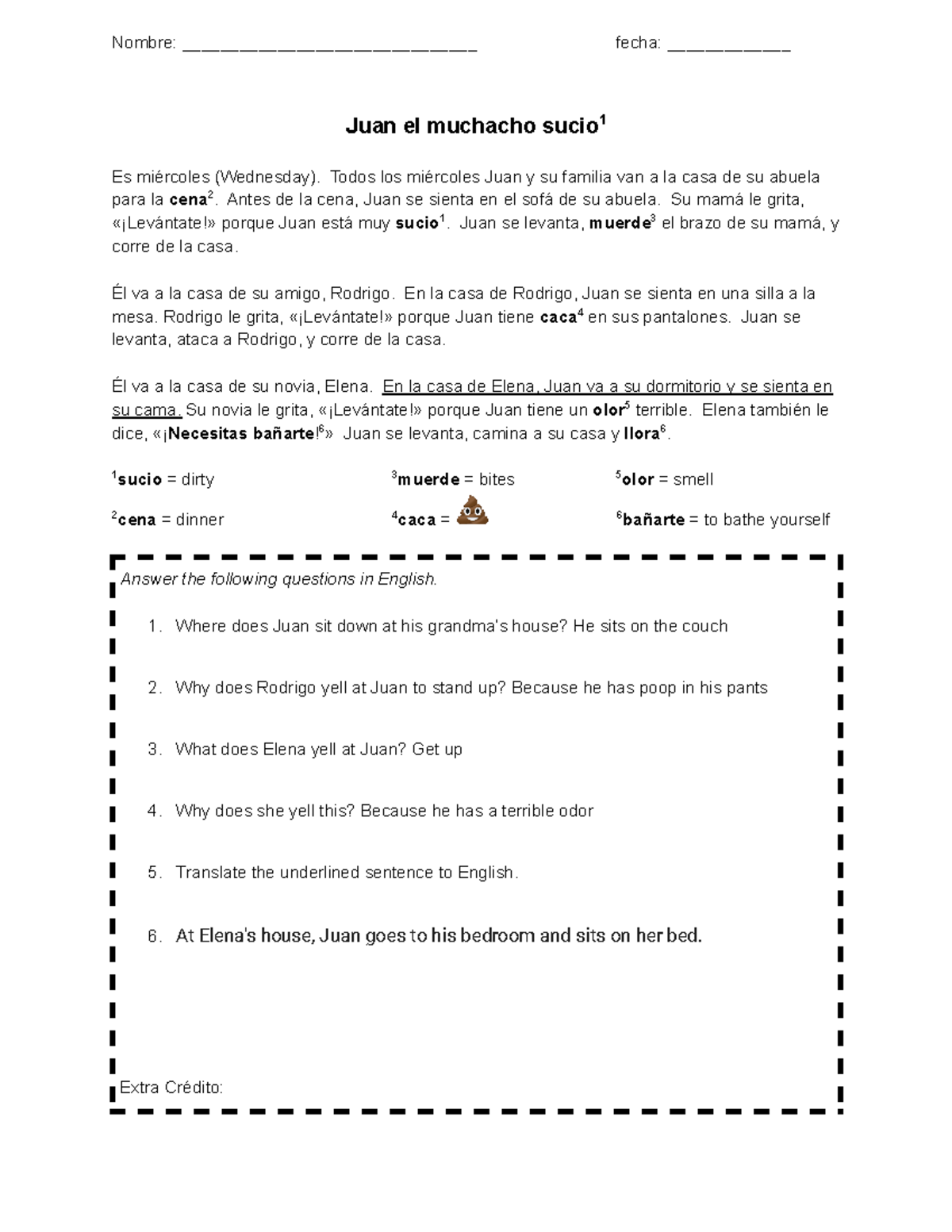 Copy of Spanish 2.2 Actividad F El Muchacho Sucio Reading Assessment ...