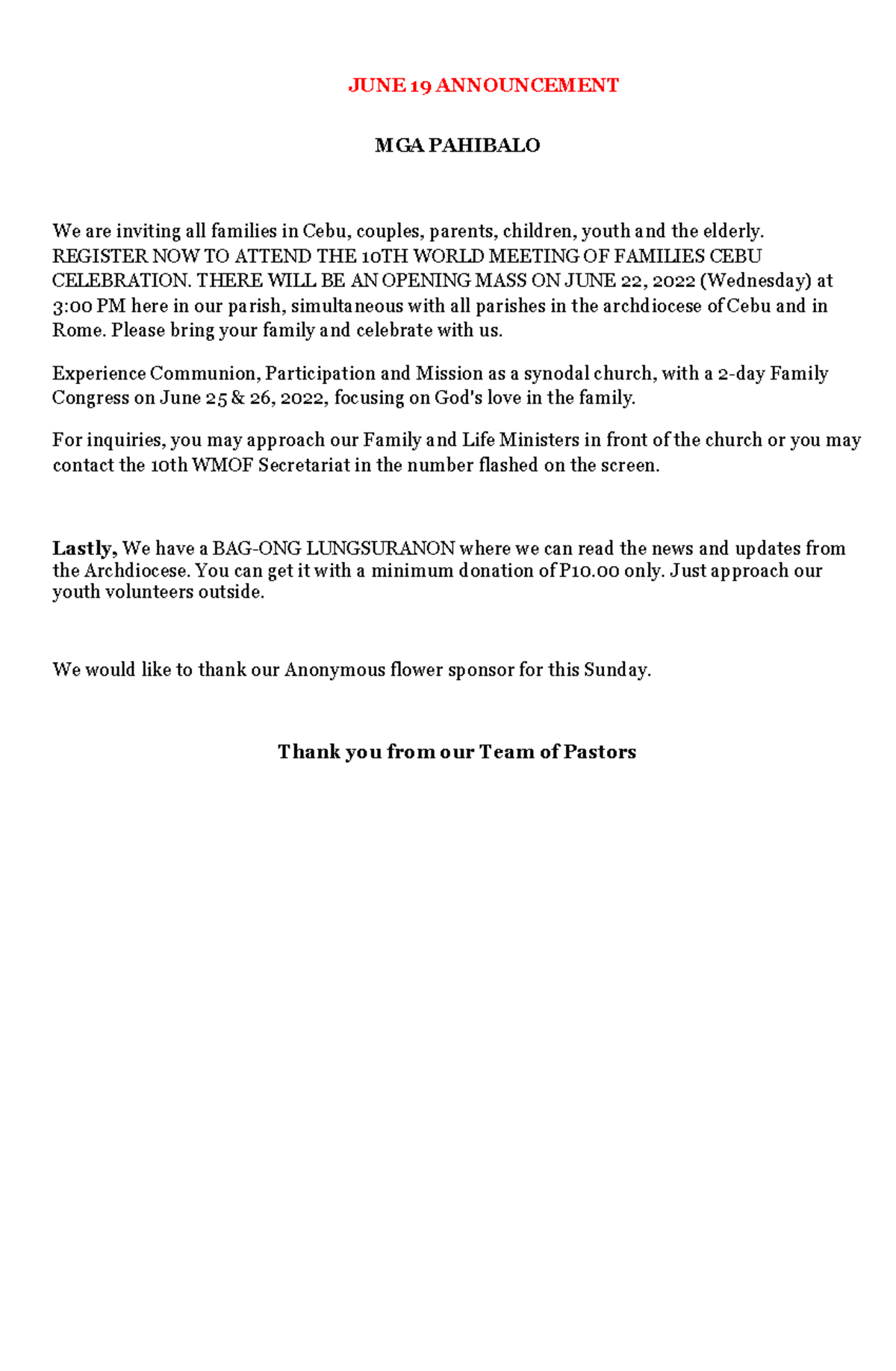 Pahibalo JUNE-18 - LISN - JUNE 19 ANNOUNCEMENT MGA PAHIBALO We are ...