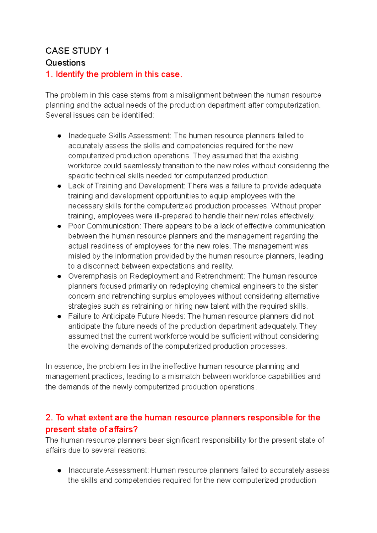 casestudy of HUMAN RESOURCE MANAGEMENT - CASE STUDY 1 Questions 1 ...