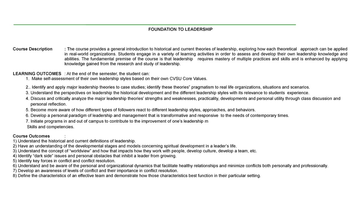 Foundation To Leadership - FOUNDATION TO LEADERSHIP Course Description ...