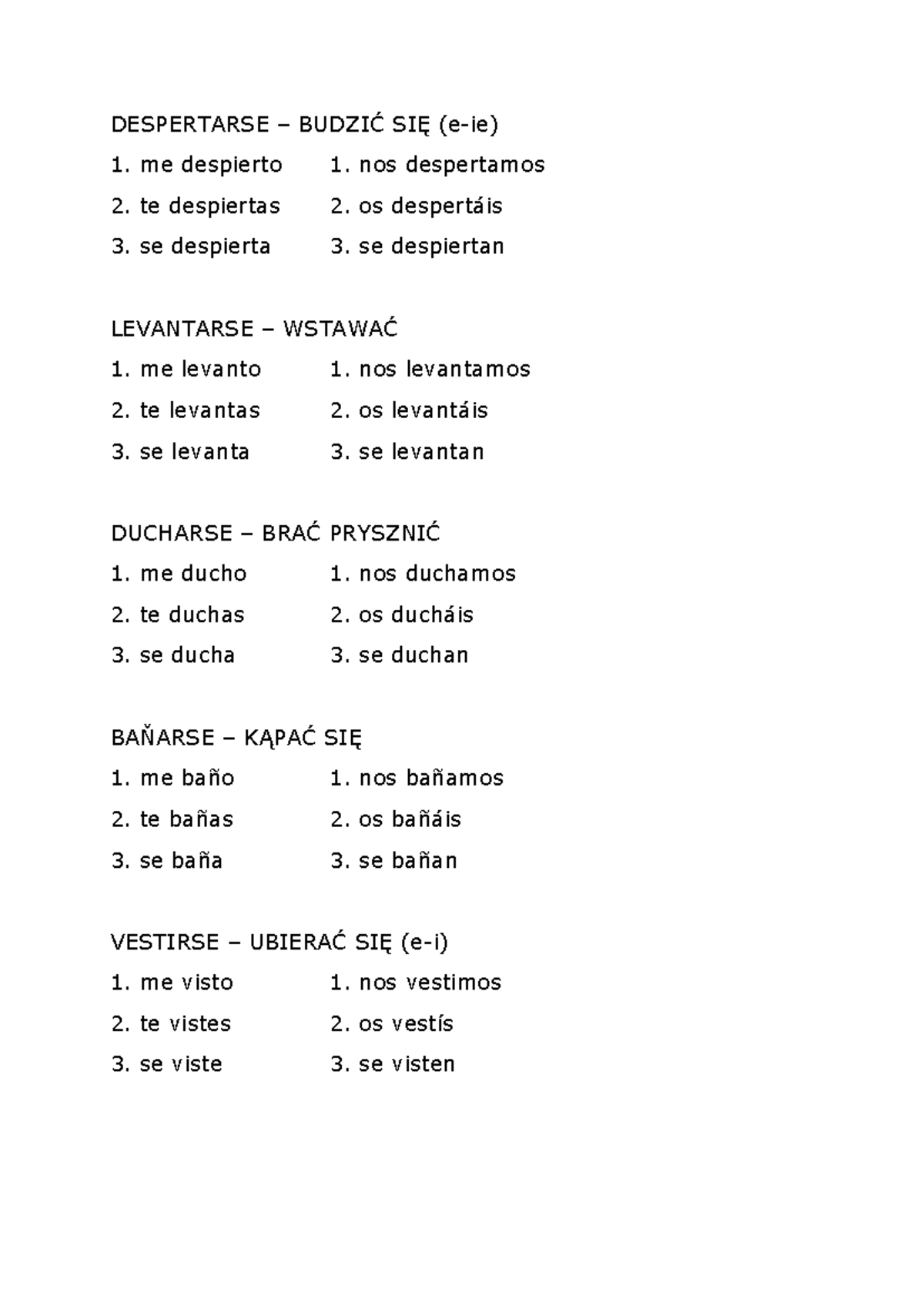 Czasowniki opis dnia - DESPERTARSE – BUDZIĆ SIĘ (e-ie) me despierto 1 ...