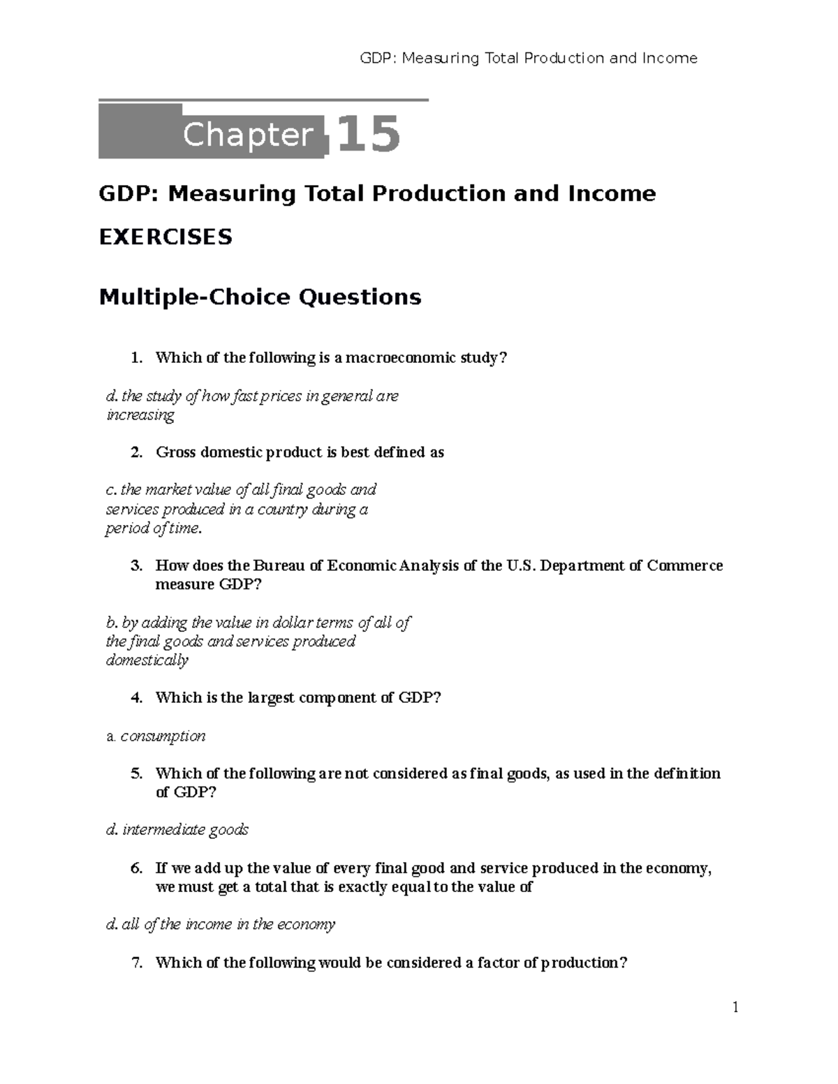 Chapter 2 - HW - GDP: Measuring Total Production and Income Chapter 15 ...