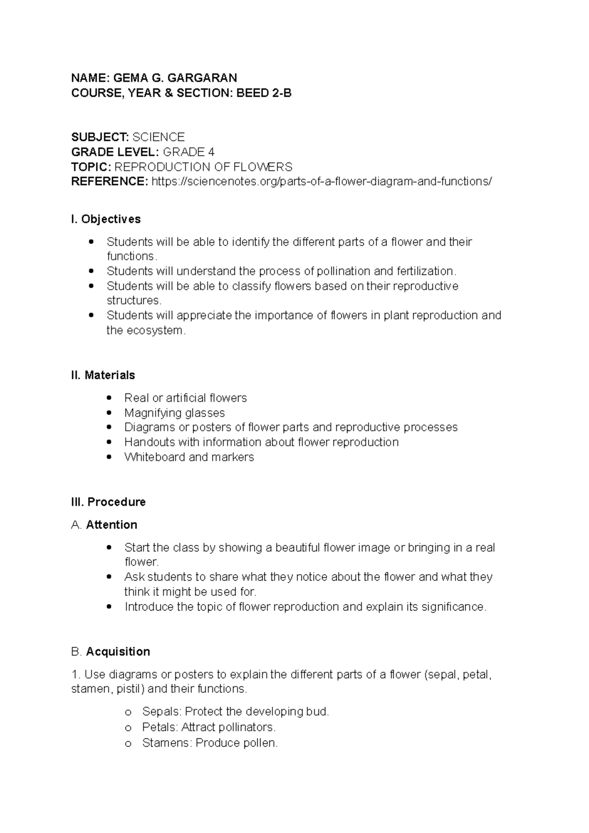 Reproduction OF Flowers- Lesson PLAN2 - NAME: GEMA G. GARGARAN COURSE ...