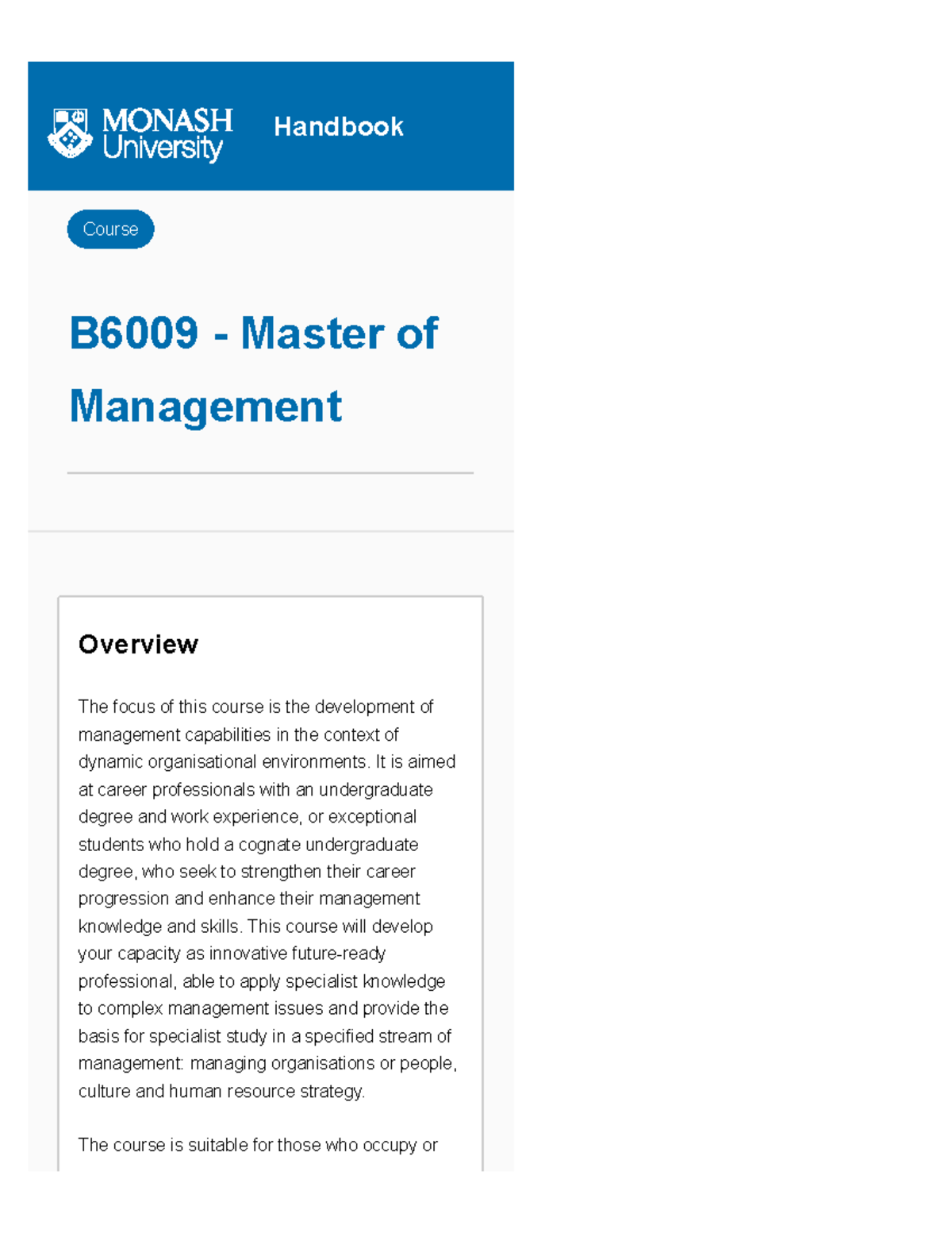 Handbook for program - Handbook Course B6009 - Master of Management ...