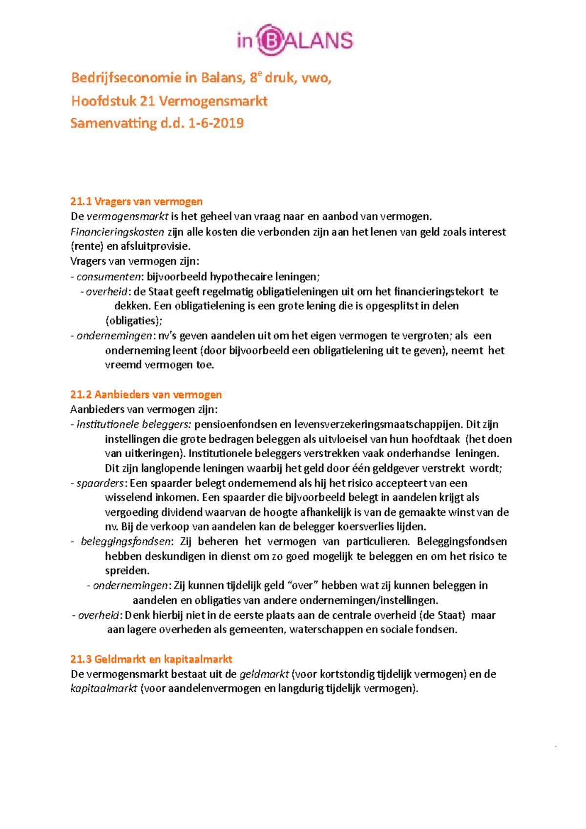 Hoofdstuk 21 BECO samenvatting - Bedrijfseconomie in Balans, 8 e druk ...