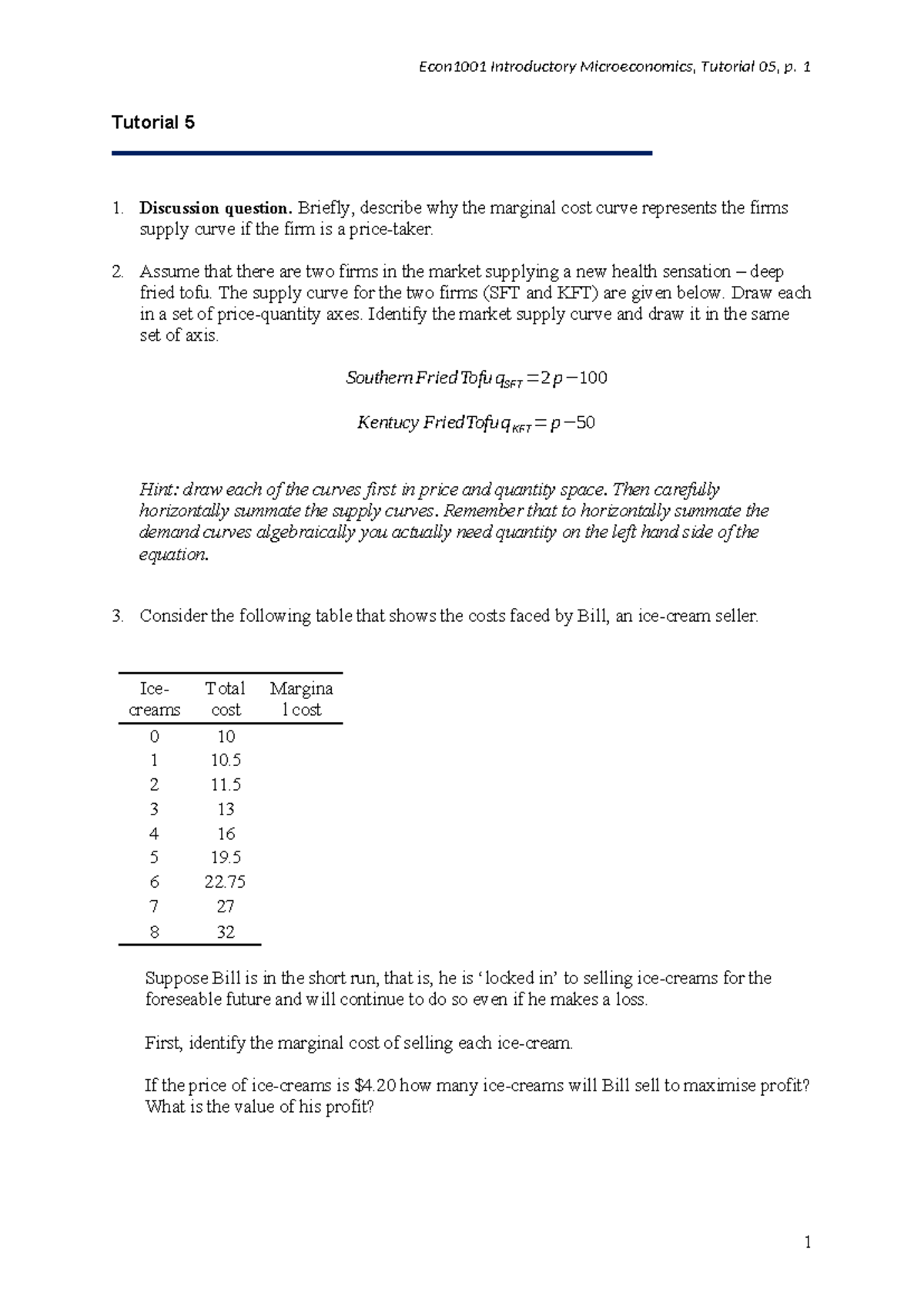 Econ1001 Tutorial 05 - Econ1001 Introductory Microeconomics, Tutorial ...