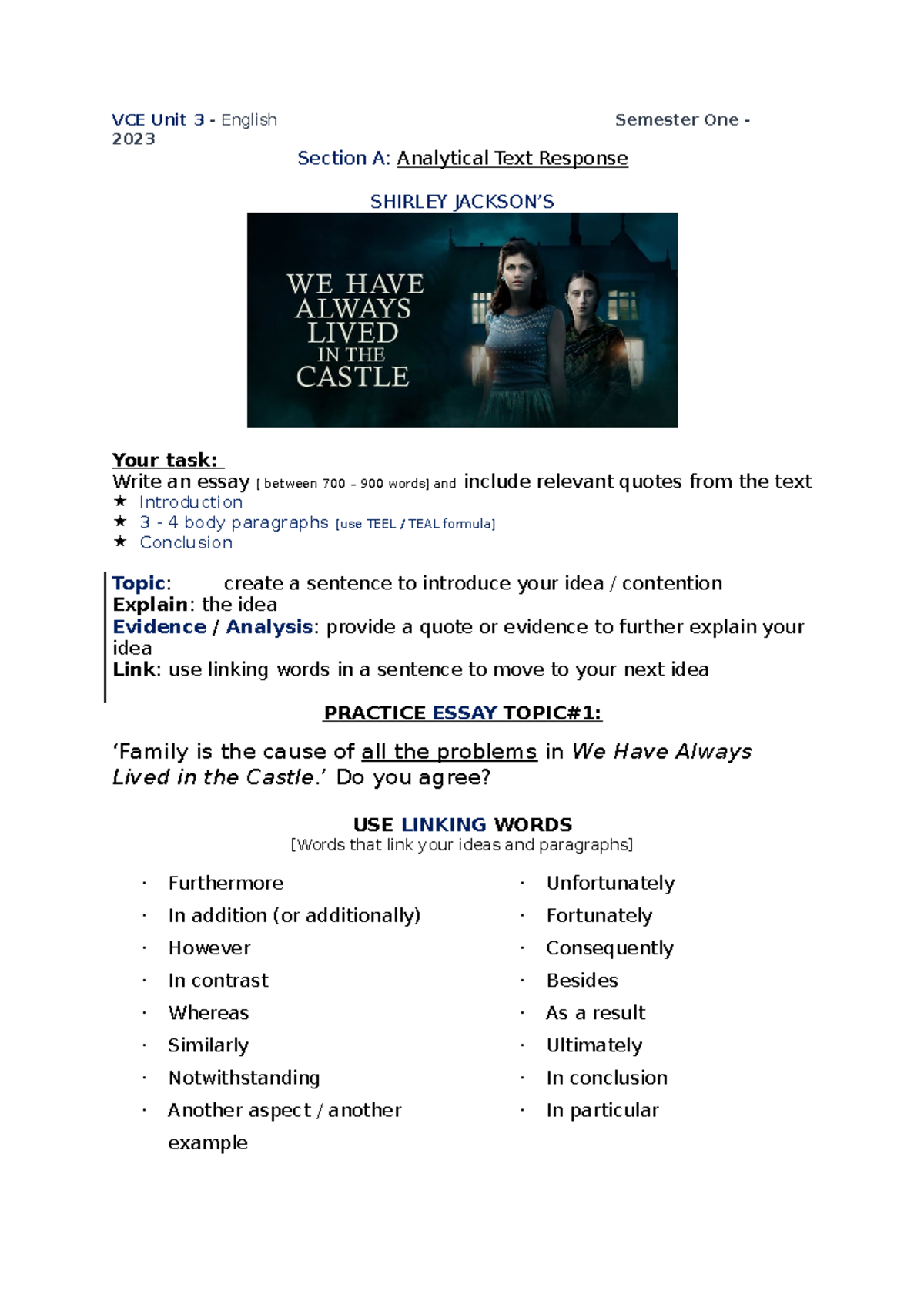 Text Response Practice Topic#1 - VCE Unit 3 - English Semester One ...