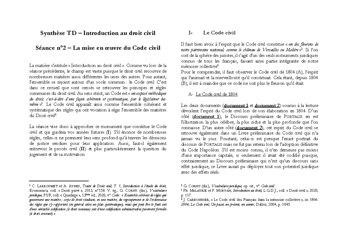 TD 2 - Synthèse - TD civil PYG L1S1 - Synthèse TD – Introduction au droit civil Séance n°2 – La ...