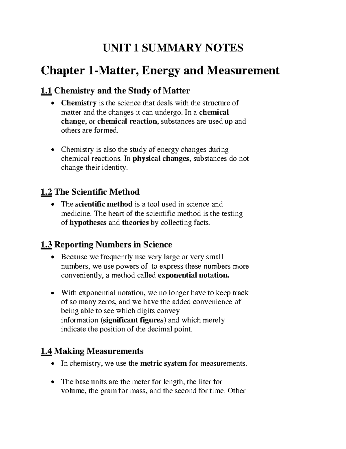 UNIT 1 Summary Notes - UNIT 1 SUMMARY NOTES Chapter 1-Matter, Energy ...