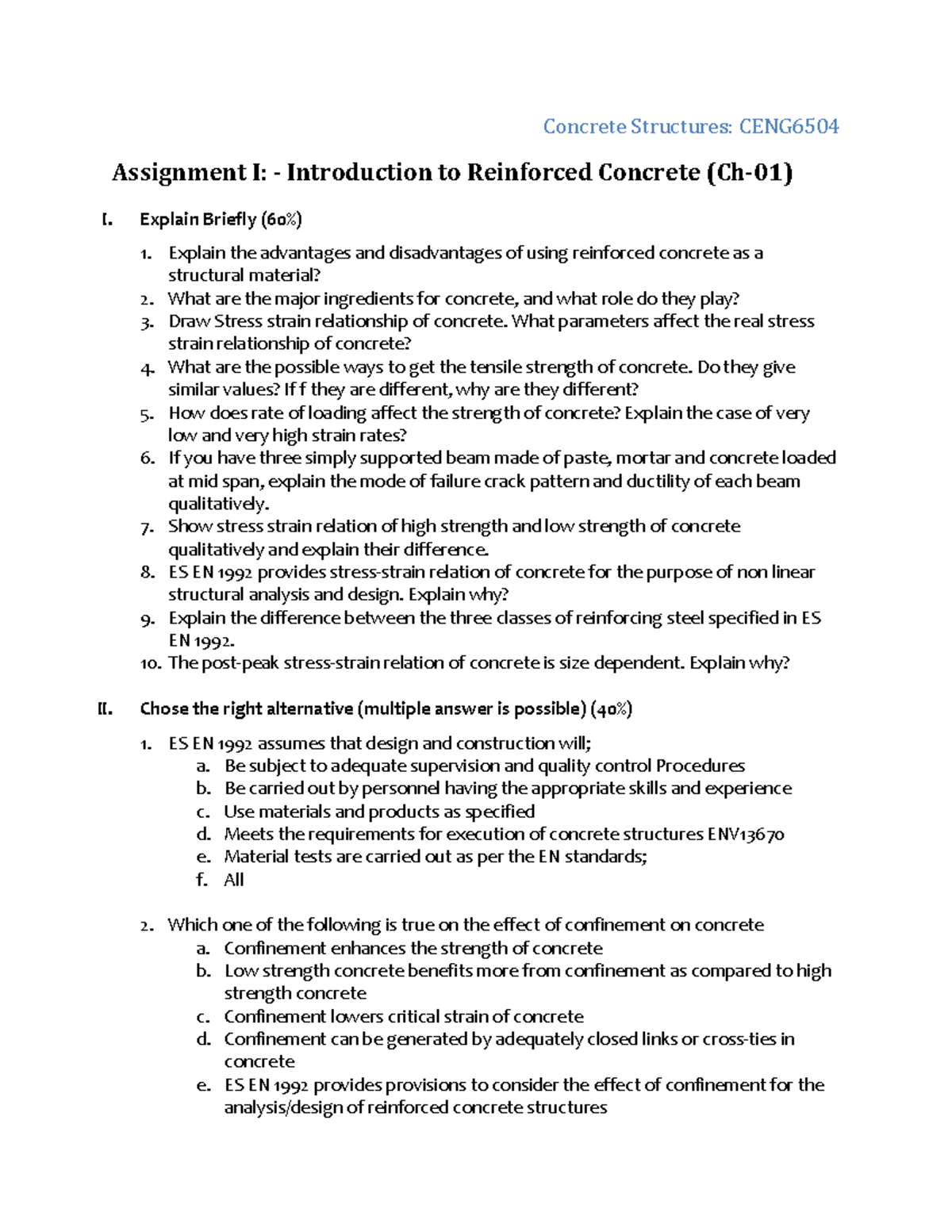 Assignment I - No needs a - Concrete Structures: CENG Assignment I ...