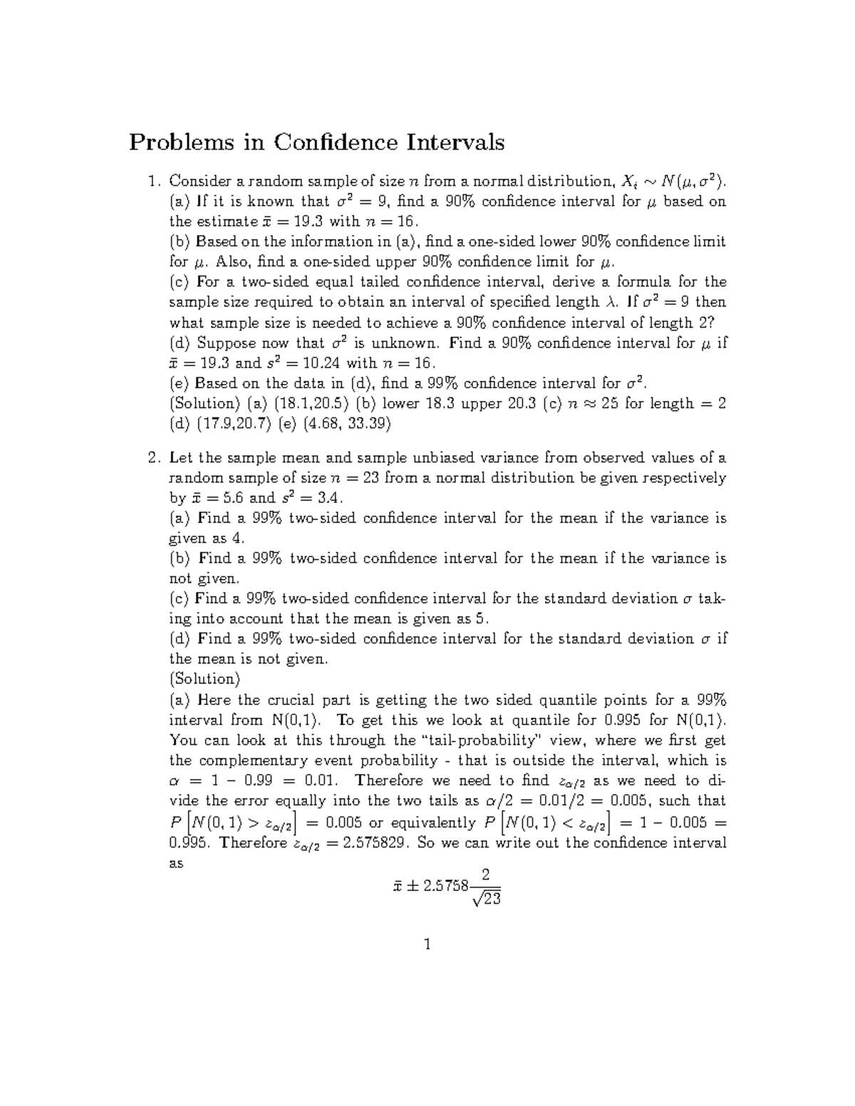 Homework Confidence intervals - Problems in Confidence Intervals ...