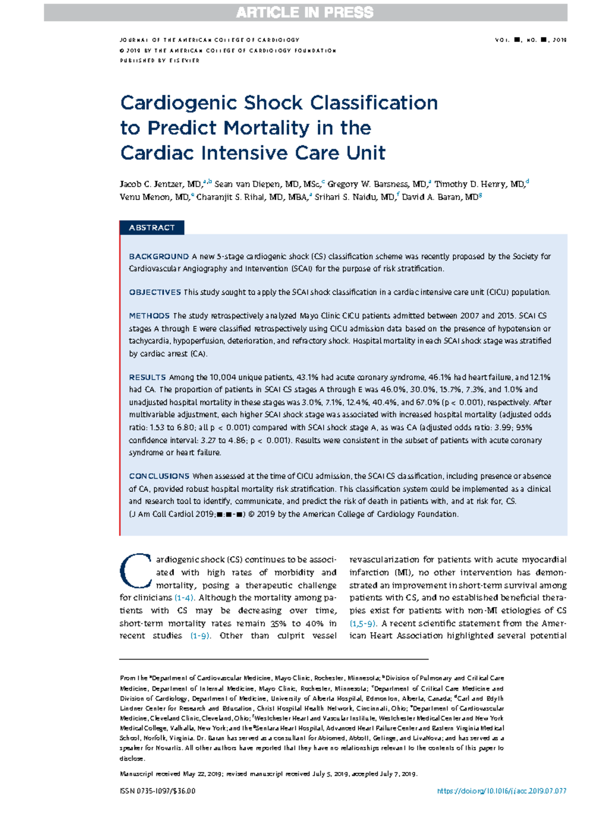 Cardiogenic shock classification to predict mortality in the icu 2019 ...