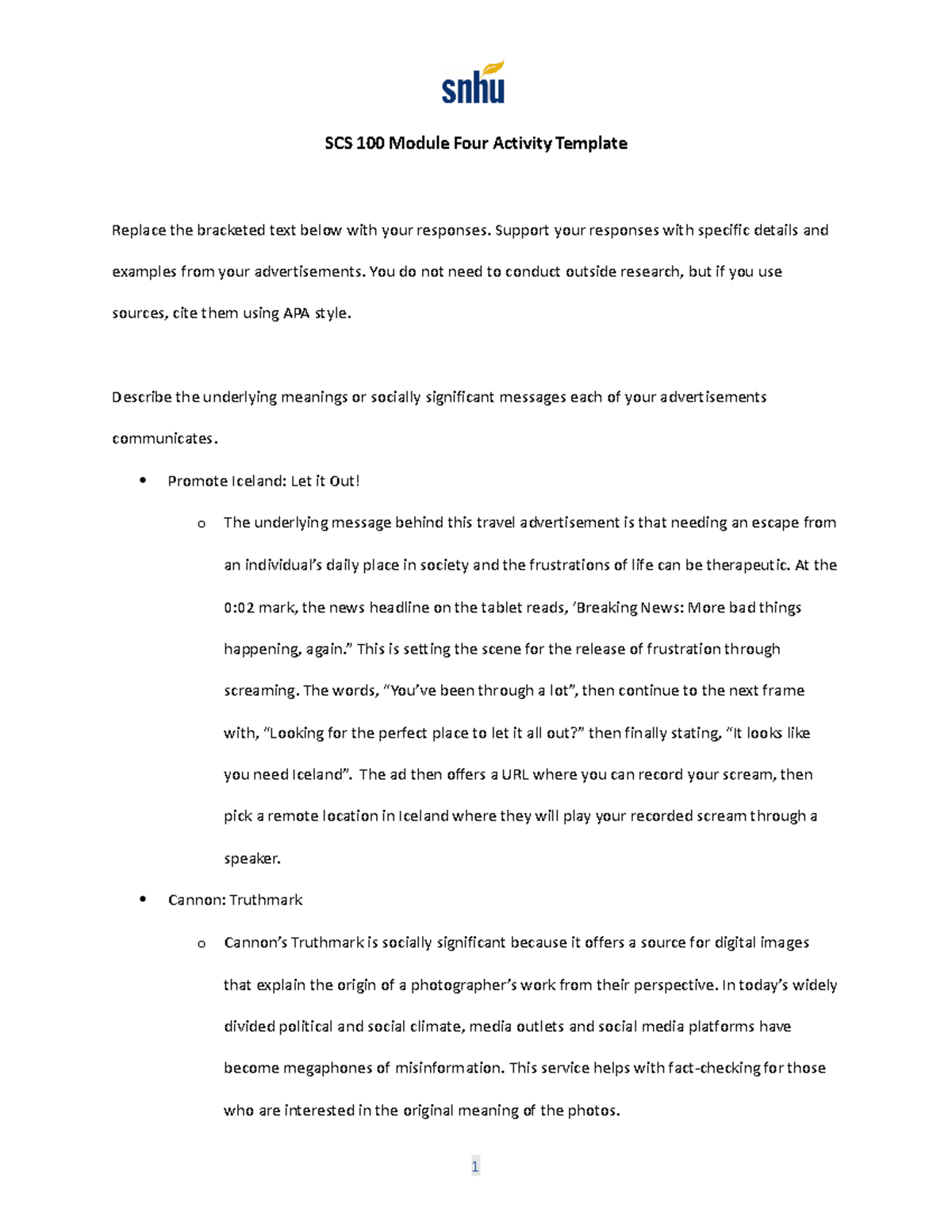 SCS 100 Module Four Activity - Support your responses with specific ...