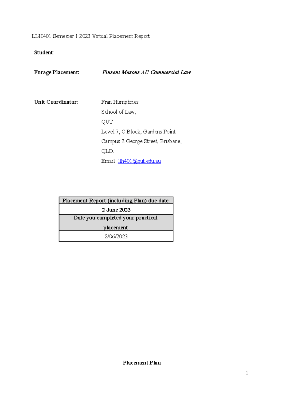 Placement Report - LLH401 Semester 1 2023 Virtual Placement Report ...