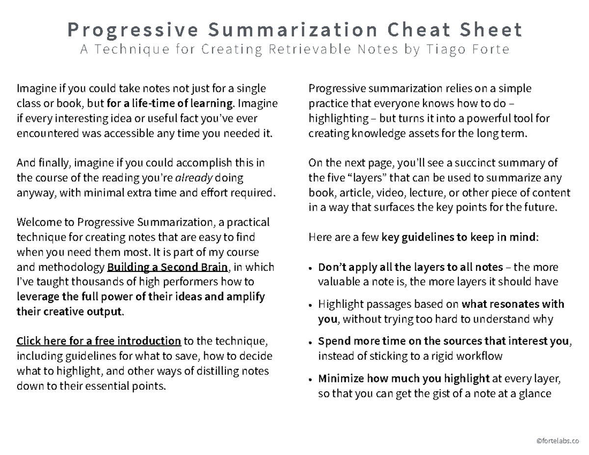 Progressive Summarization Cheat Sheet - P r o g r e s s i v e S u m m a ...