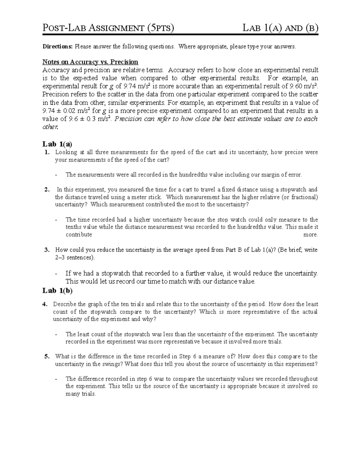 PLA - Lab 1 (a) and (b) - lab analysis - POST-LAB ASSIGNMENT (5PTS) LAB ...