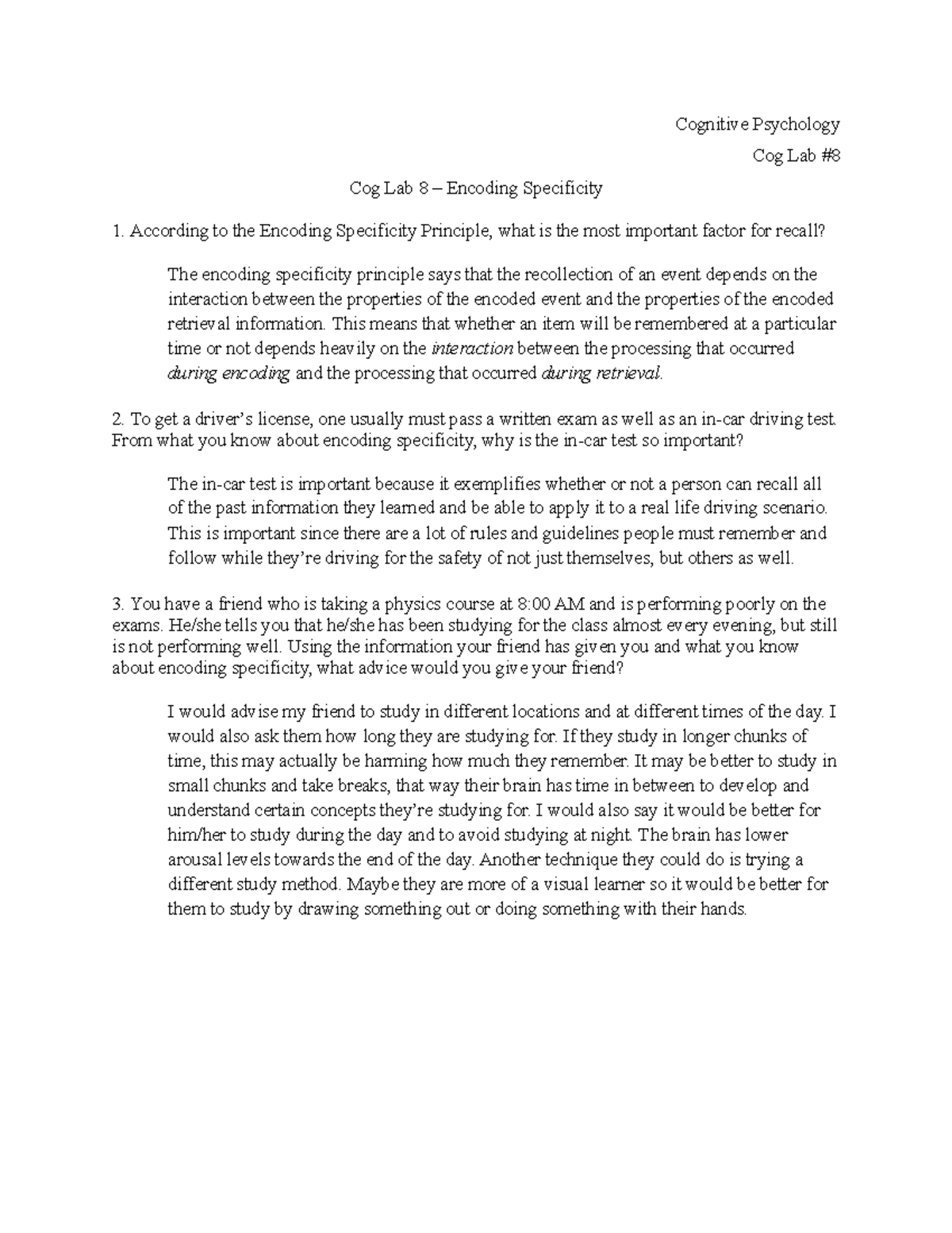 Cognitive Psychology Cog Lab 8 - Encoding Specificity - Cognitive Psychology Cog Lab # Cog Lab 8 ...