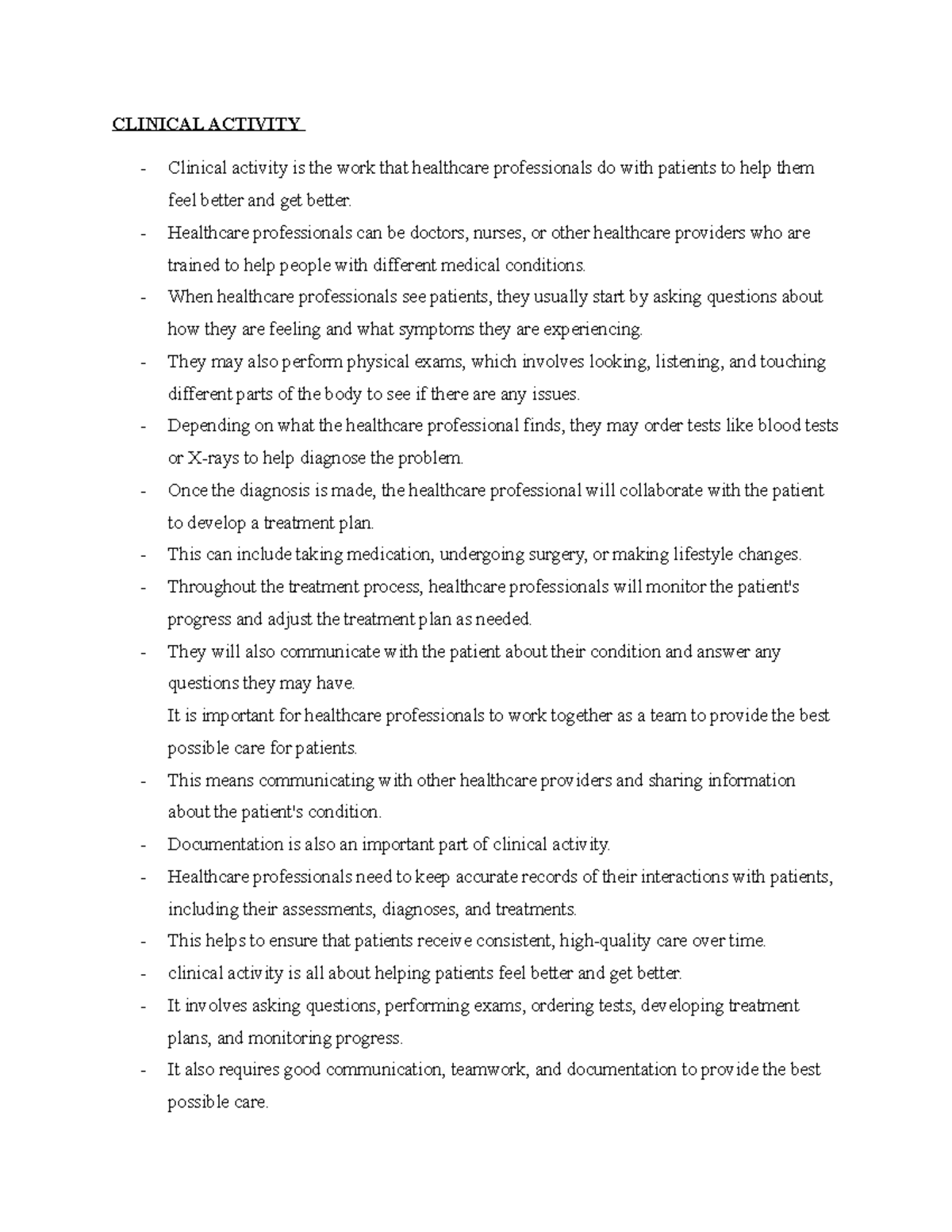 Clinical Activity Notes 1 - CLINICAL ACTIVITY Clinical activity is the ...