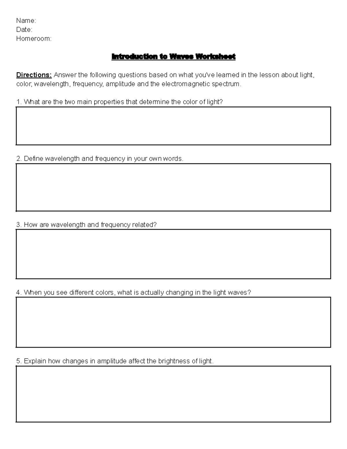 Introduction to Waves Worksheet - Name: Date: Homeroom: Introduction to ...
