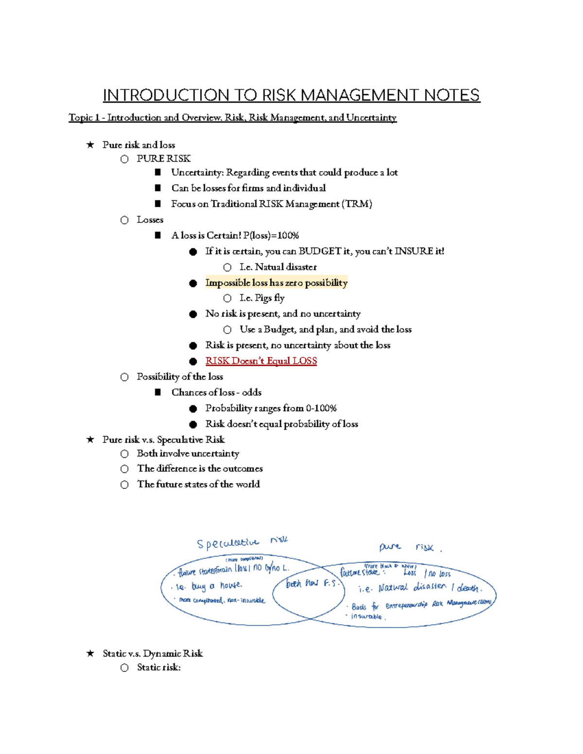 RMI Class Notes - Topic one - INTRODUCTION TO RISK MANAGEMENT NOTES ...