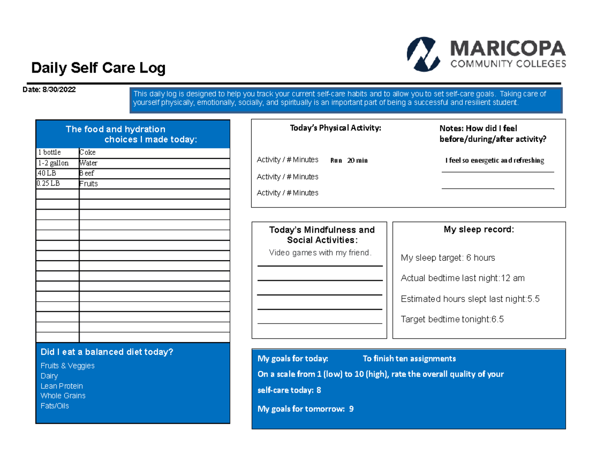Self Care Log #2 - defe - Daily Self Care Log Date: 8/30/ My goals for ...