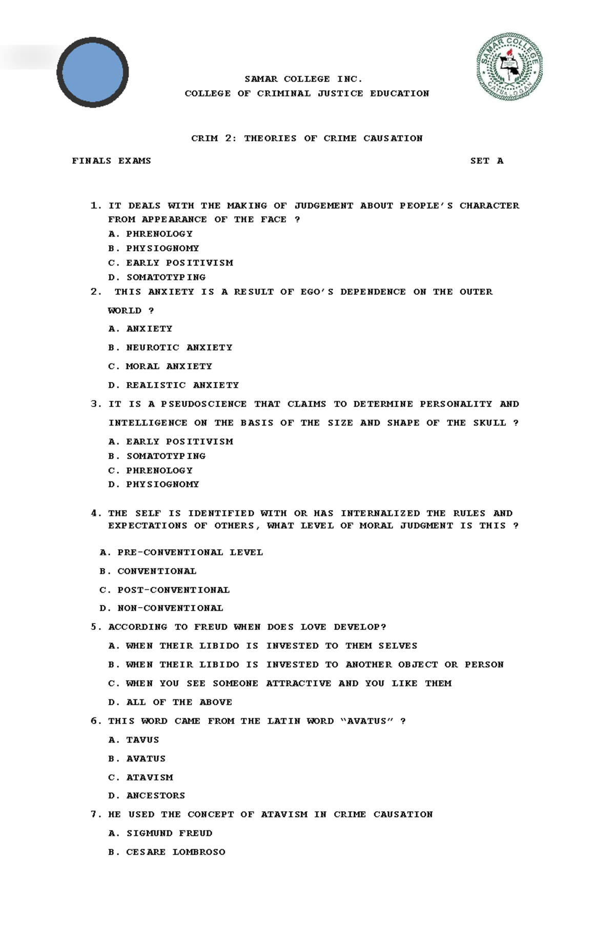 Finals CRIM 2 - SAMAR COLLEGE INC. COLLEGE OF CRIMINAL JUSTICE ...