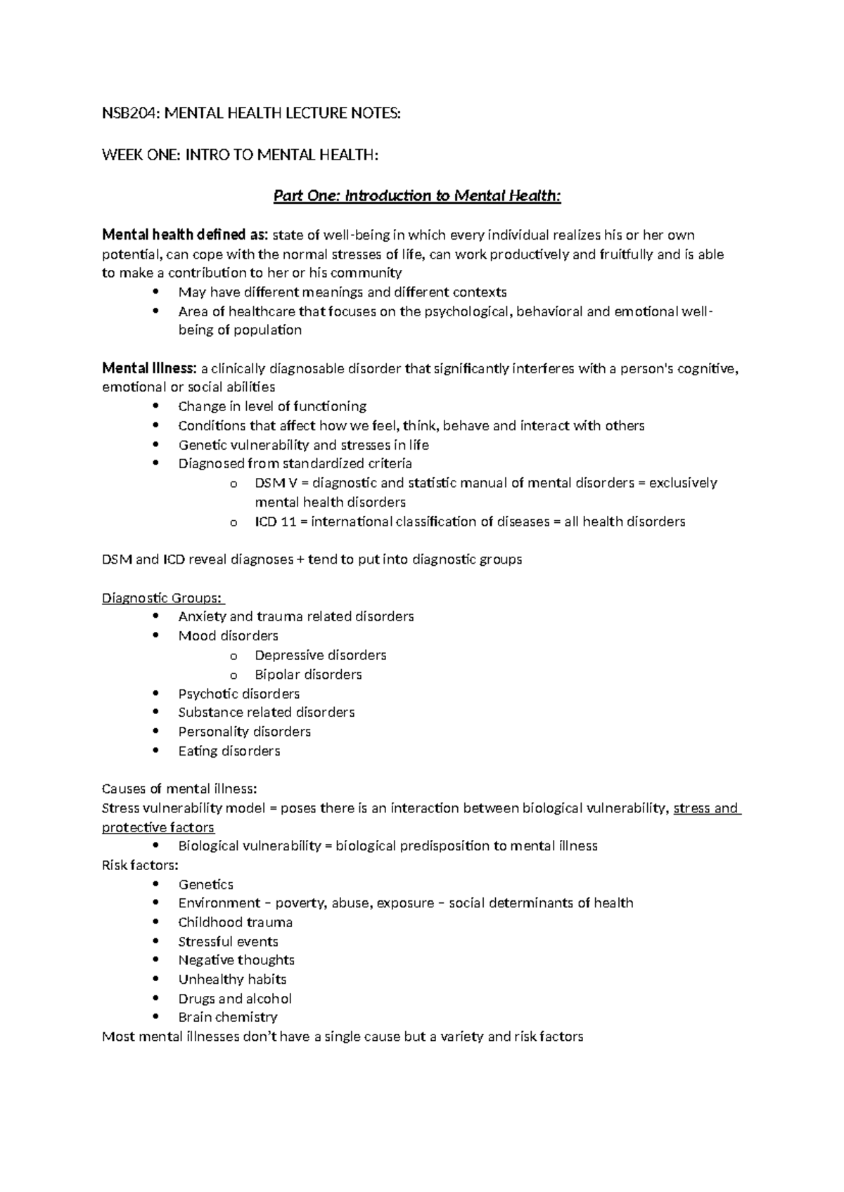 NSB204 Lecture Notes - NSB204: MENTAL HEALTH LECTURE NOTES: WEEK ONE ...