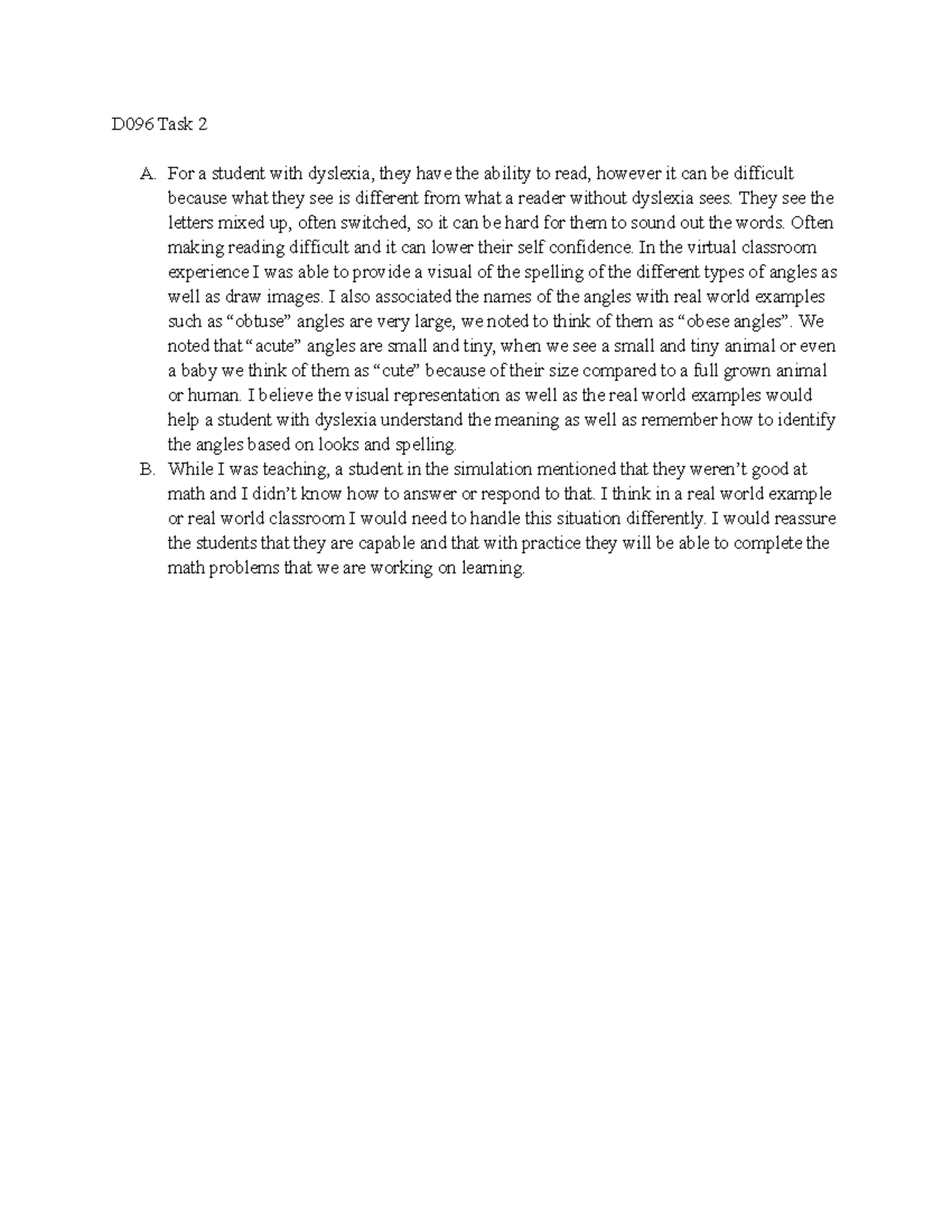 D096 Task 2 - D096 Task 2 Simulation Notes - D096 Task 2 A. For a ...