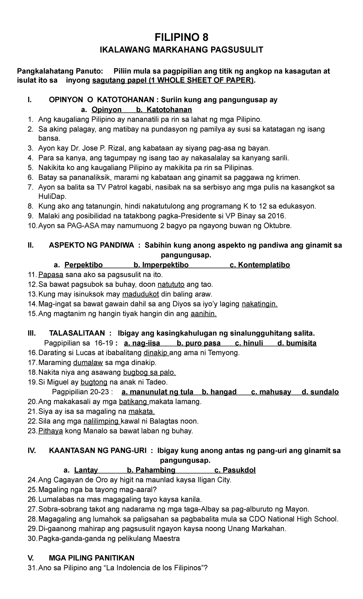 Filipino 8 2ND Quarter Examination FILIPINO 8 IKALAWANG MARKAHANG