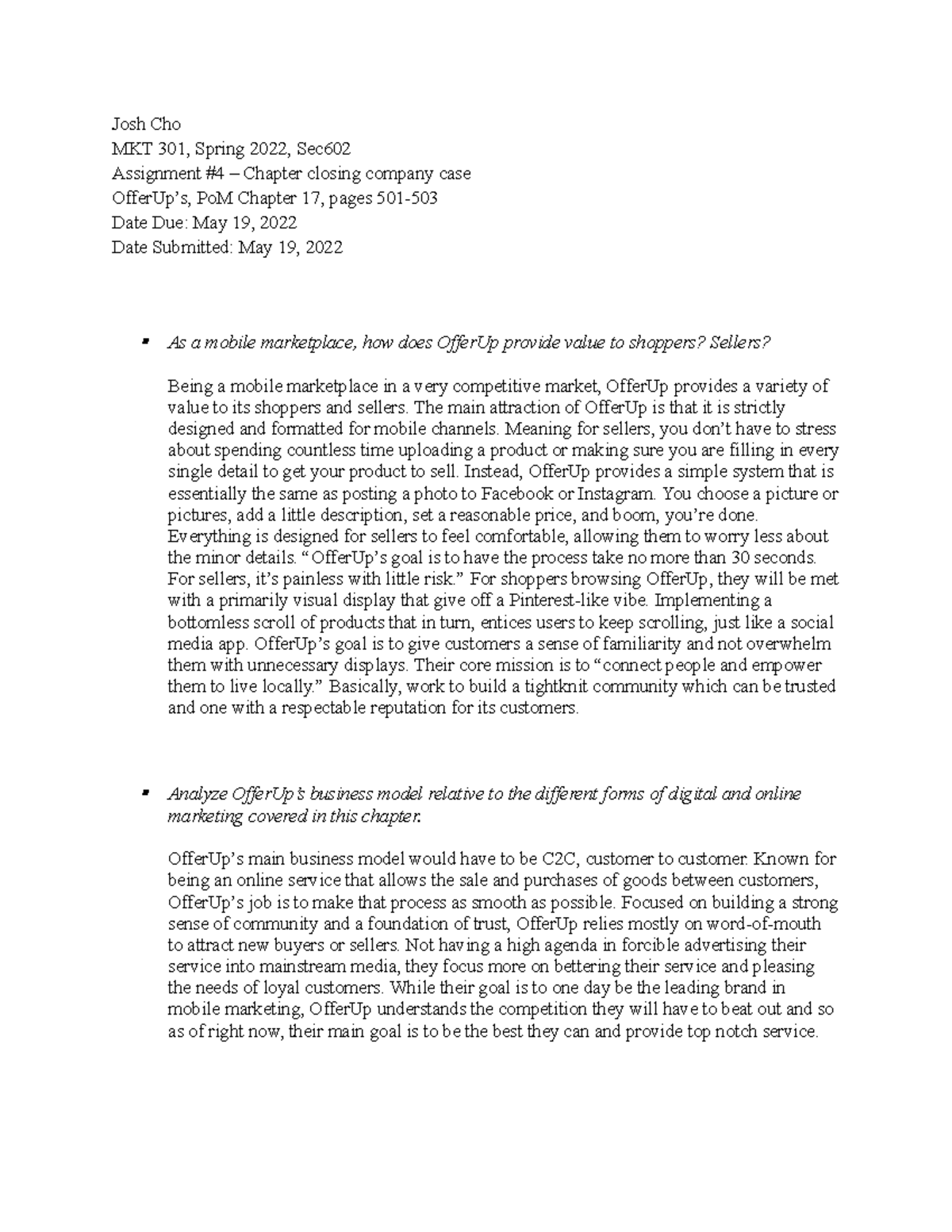 Assignment 4 - Josh Cho MKT 301, Spring 2022, Sec Assignment #4 ...