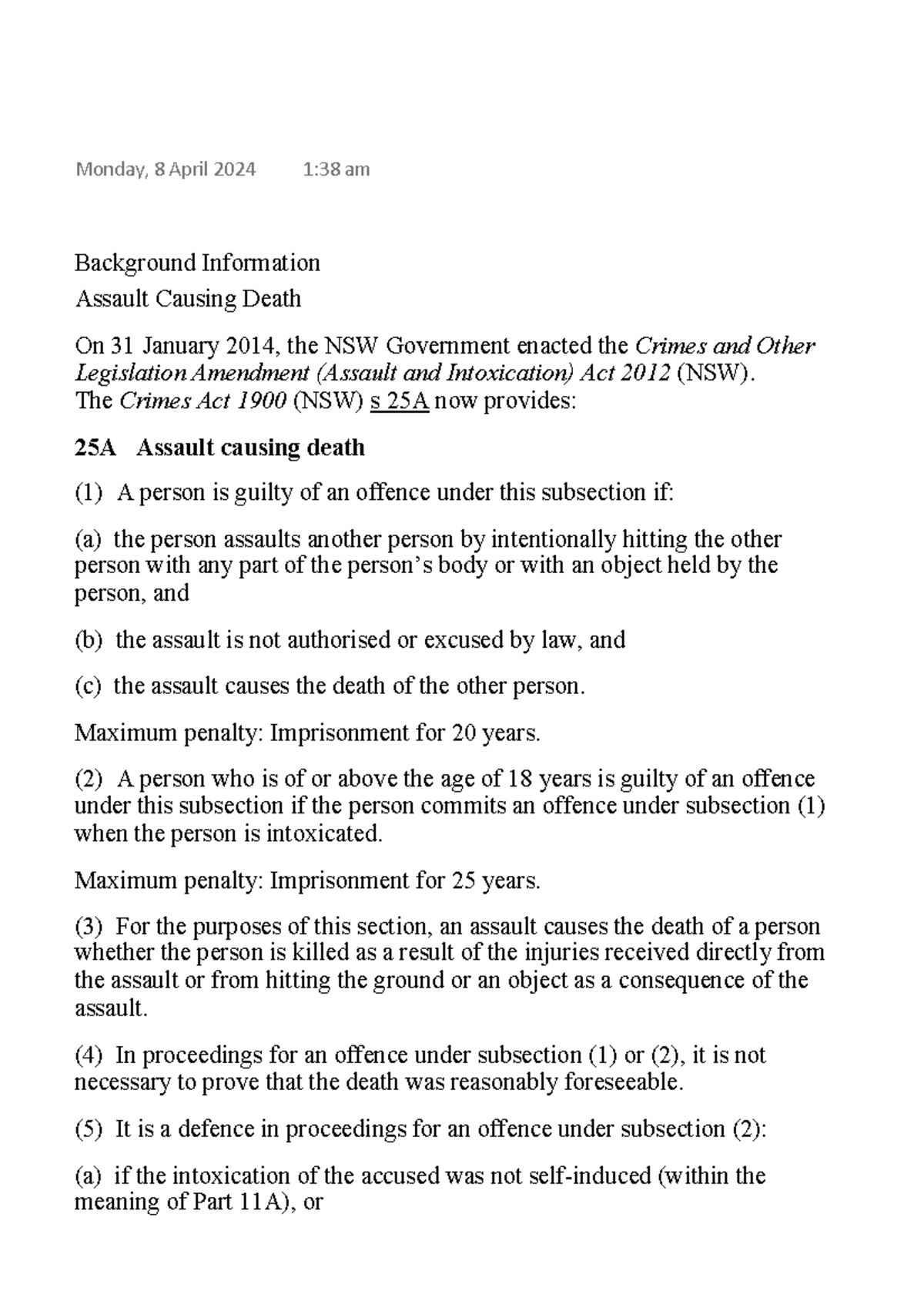 Background Information- week 7 - Background Information Assault Causing ...