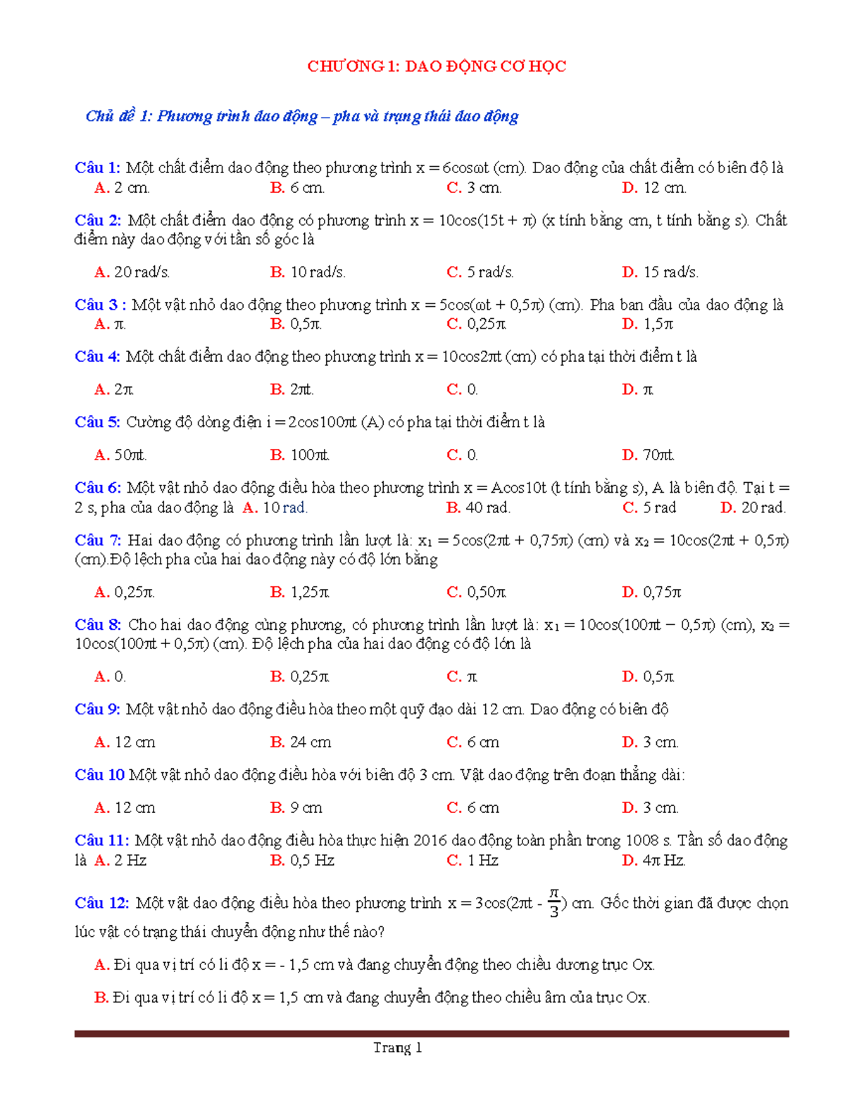 BÀI TẬP CHƯƠNG DĐ ĐH - xdbx - CHƯƠNG 1: DAO ĐỘNG CƠ HỌC Chủ đề 1 ...