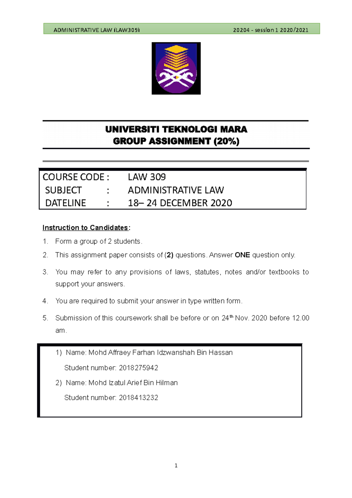 LAW309 Assignmnt (2) Mohd And Shah - - Studocu