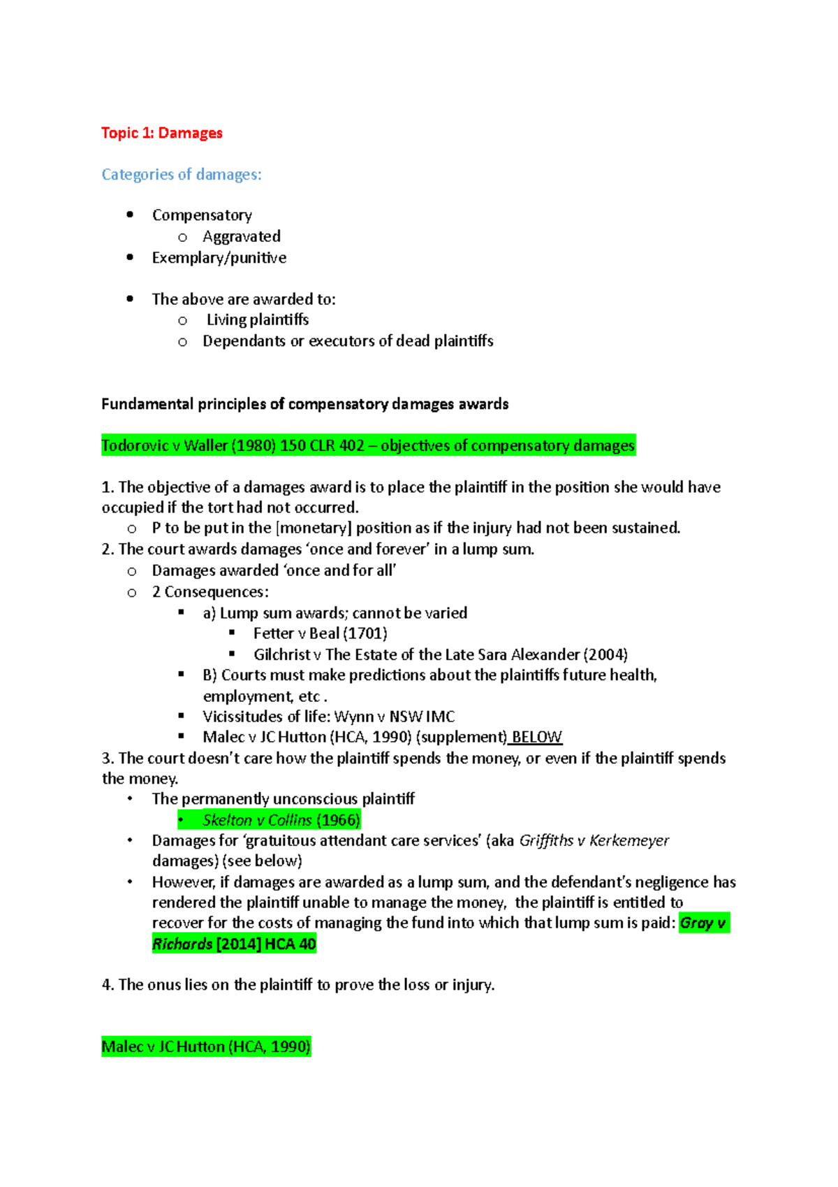 MLL213 Torts Exam Notes - Topic 1: Damages Categories of damages ...