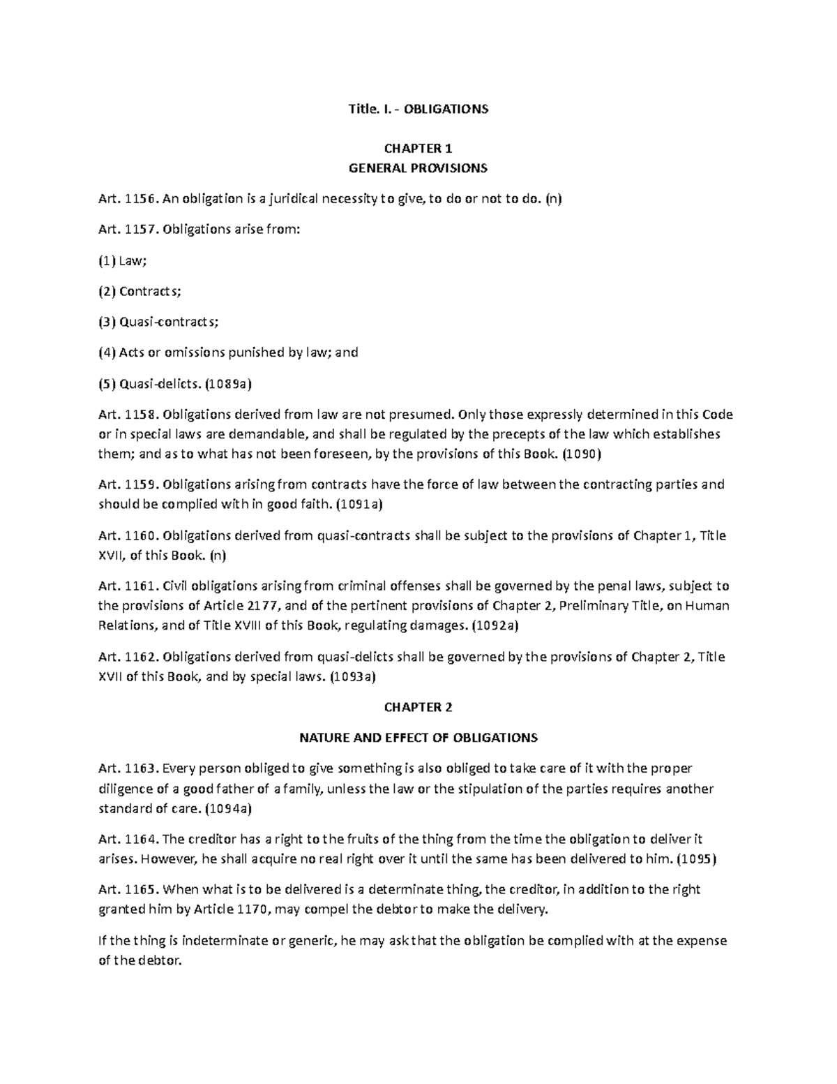Codal Provisions - Obligations - Title. I. - OBLIGATIONS CHAPTER 1 GENERAL PROVISIONS Art. 1156 ...