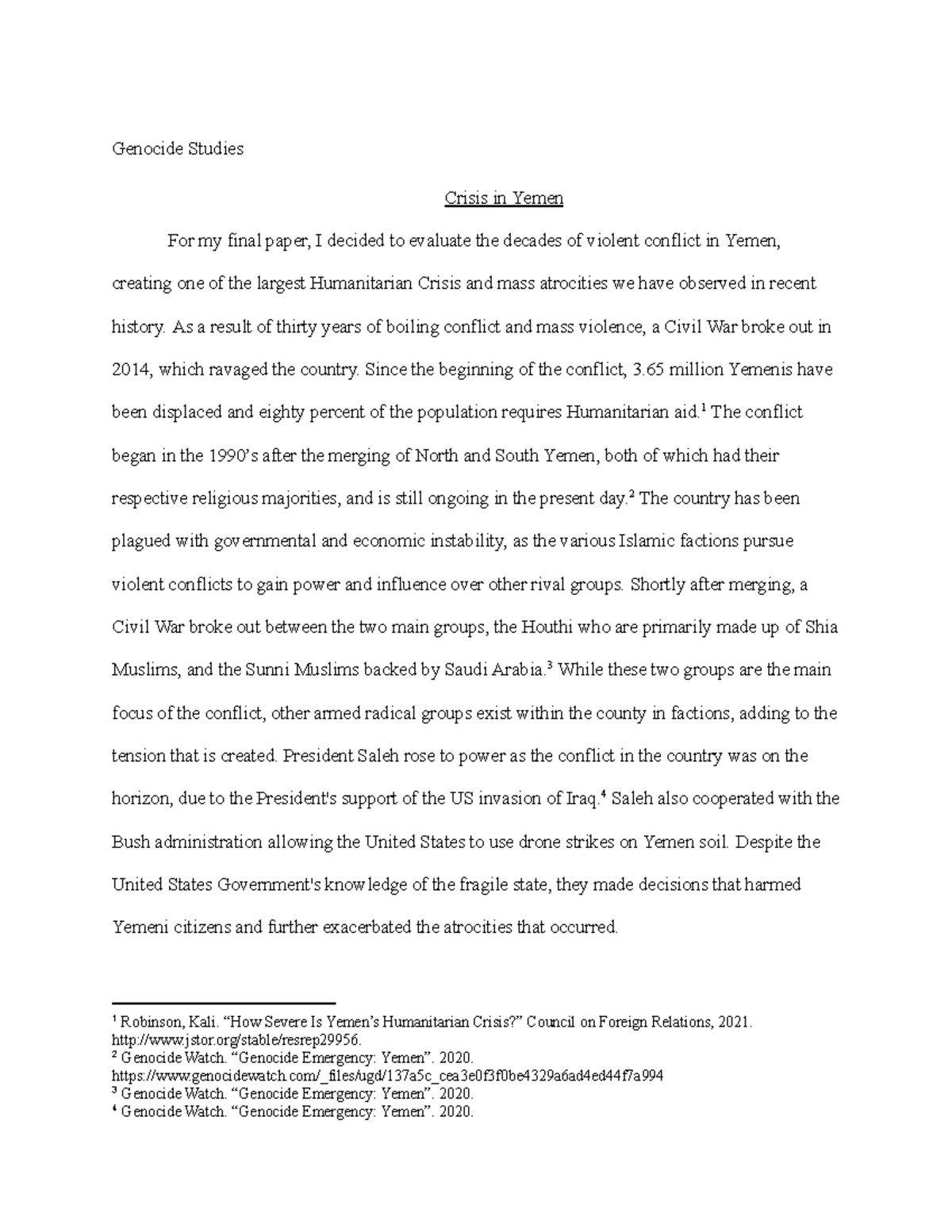 Genocide Studies Final - Genocide Studies Crisis in Yemen For my final ...