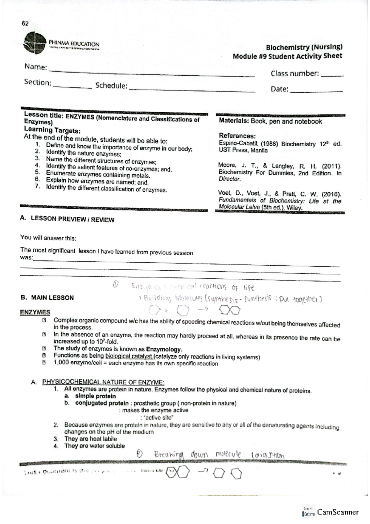 9-16 - lecture notes - 62 PHINMA EDUCATION Biochemistry (Nursing ...