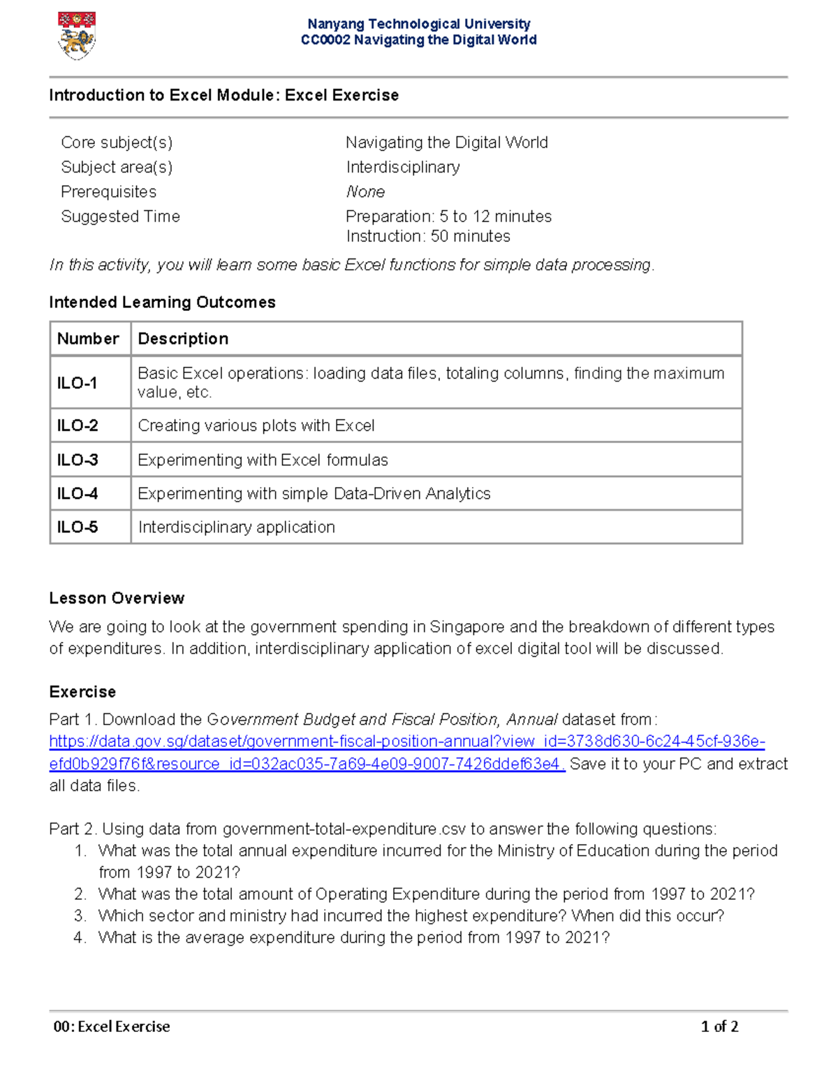 Excel Exercise - Students - Nanyang Technological University CC0002 Navigating the Digital World ...