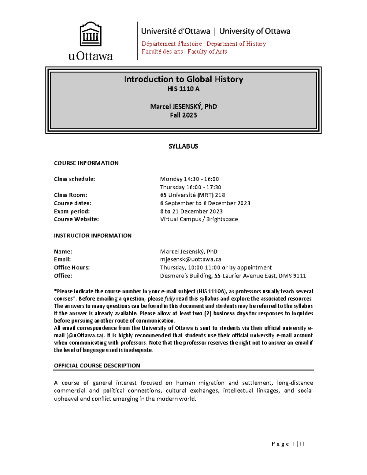 HIS1110A (F2023) course outline - Introduction to Global History HIS ...