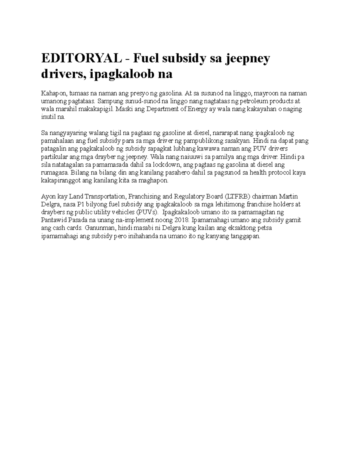 Editoryal - pllllsssss pooo - EDITORYAL - Fuel subsidy sa jeepney ...